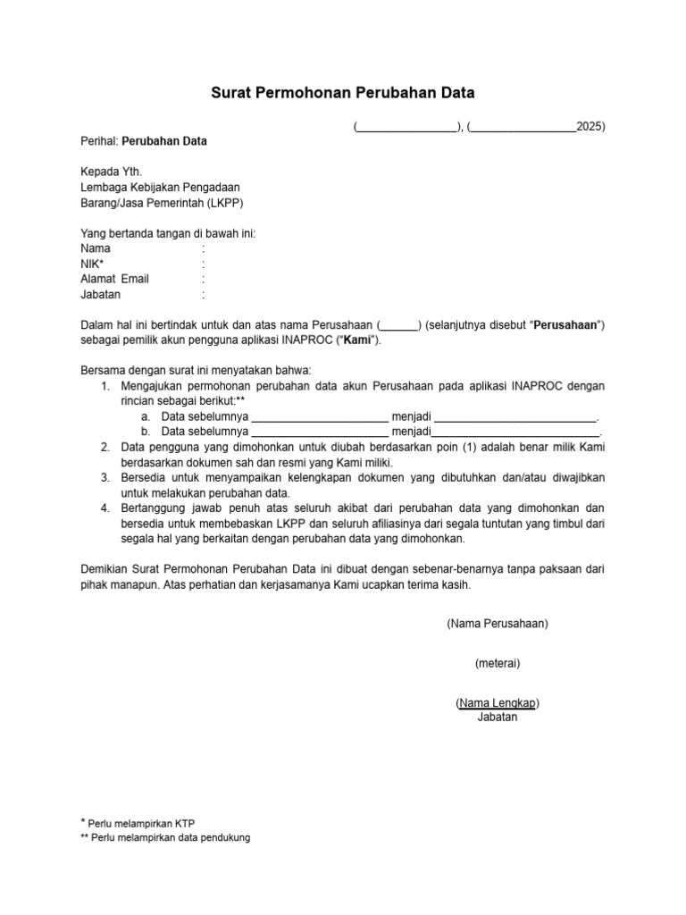 Template Surat Perubahan Data - Perusahaan | PDF
