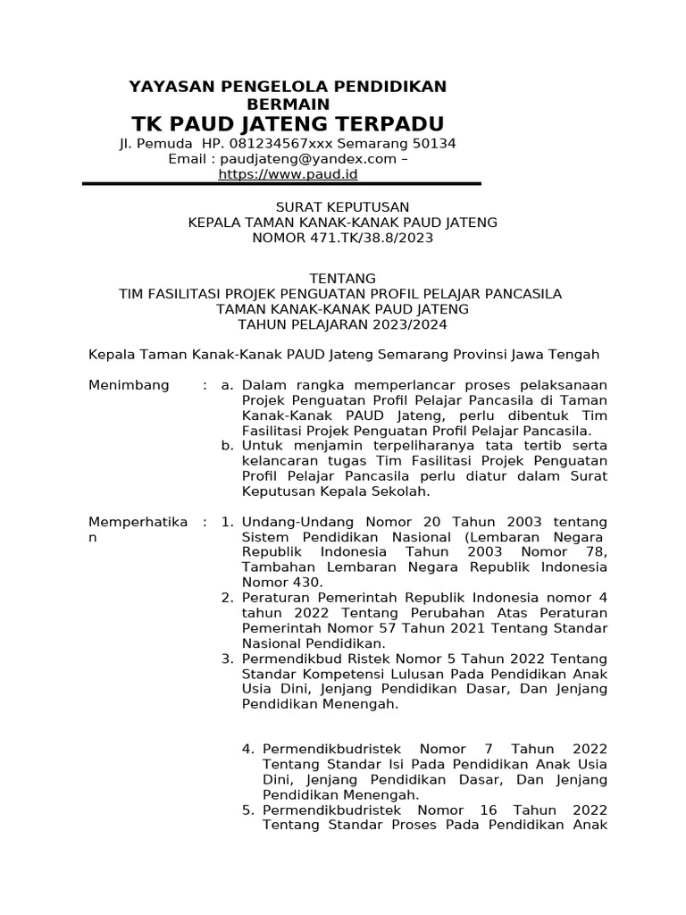 Tim Fasilitasi P5 TK PAUD Jateng 2023 | PDF