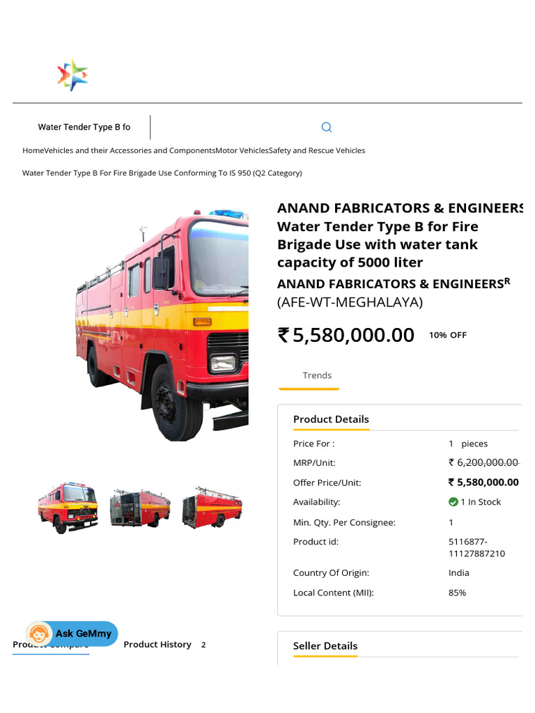 Anand Fabricators & Engineers Water Tender Type B For Fire Brigade Use ...
