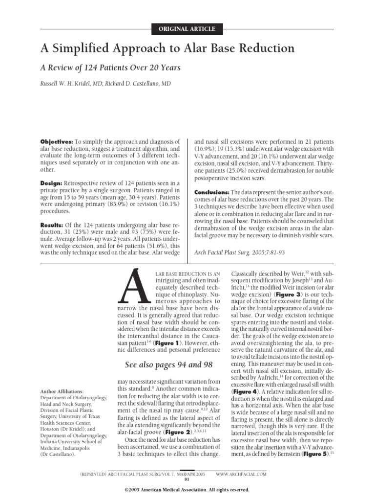Kridel Castellano 2005 A Simplified Approach To Alar Base Reduction | PDF | Human Nose ...