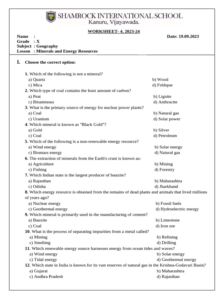 Minerals & Energy Resources Worksheet. | PDF | Energy Development | Coal