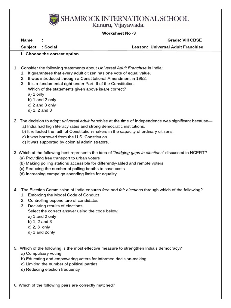 WS3 Universal Adult Franchisde CBSE 8 | PDF | Elections | Forms Of Government