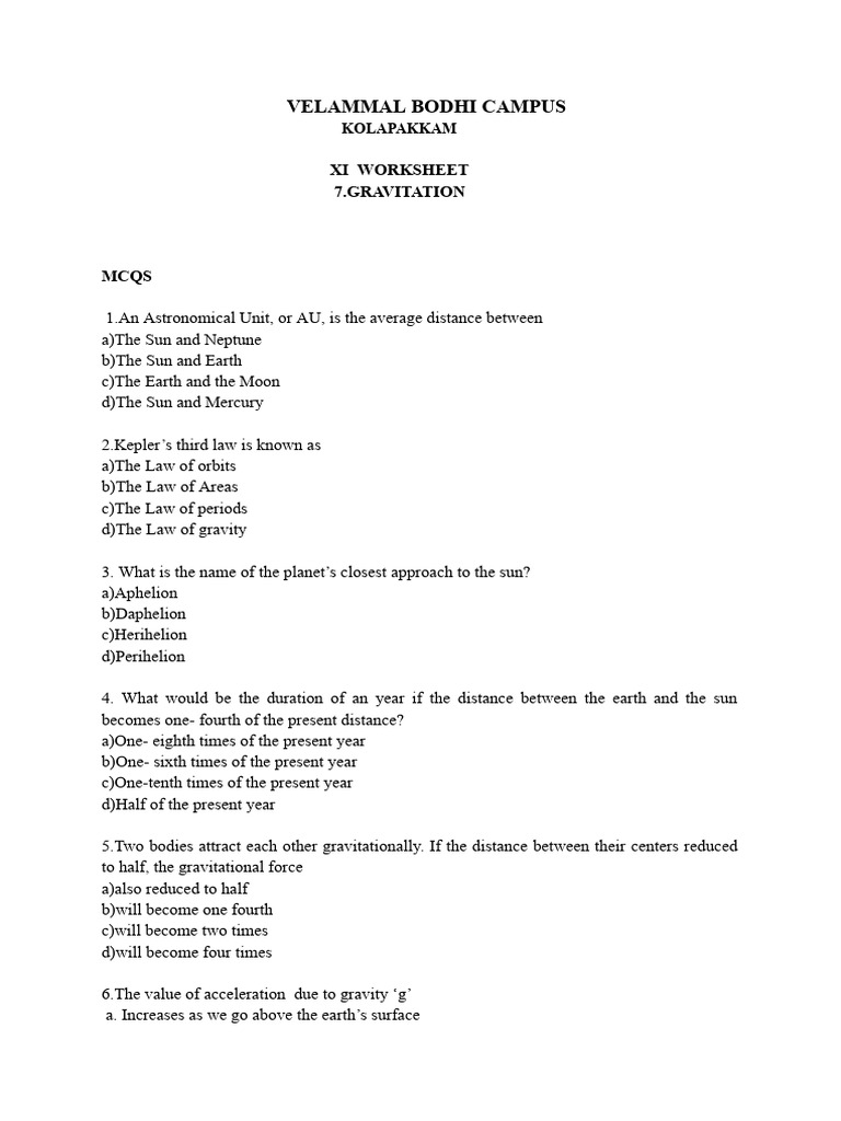 Xi Worksheet Phy CH-7 Gravitation | PDF | Orbit | Force
