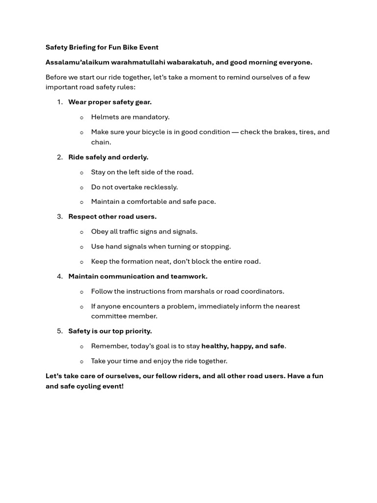 Safety Briefing For Fun Bike Event | PDF