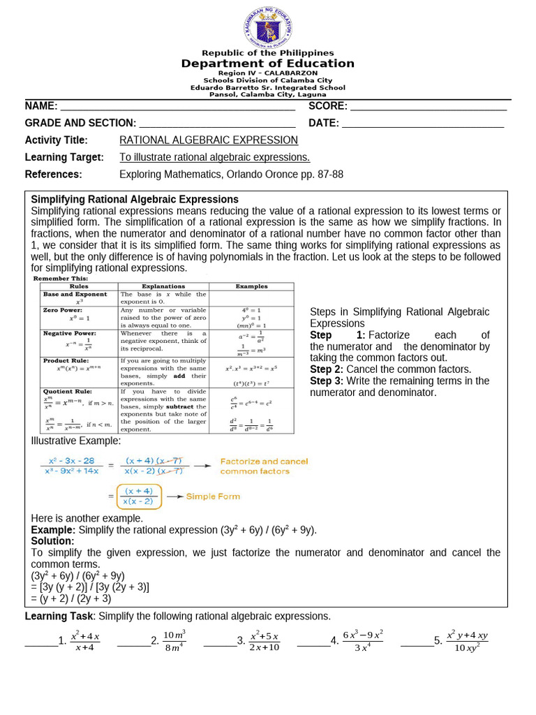 LAS-Simplifyinging Rational Algebraic Expression | PDF | Rational Number | Mathematical Objects