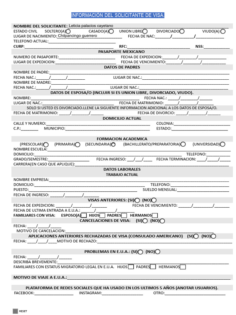 Formulario de Solicitud de Visa Completo | PDF | Gobierno y personalidad