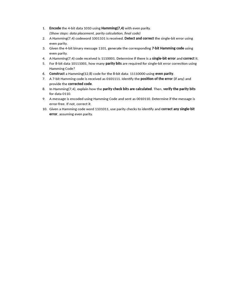 Questions On Hamming Code | PDF