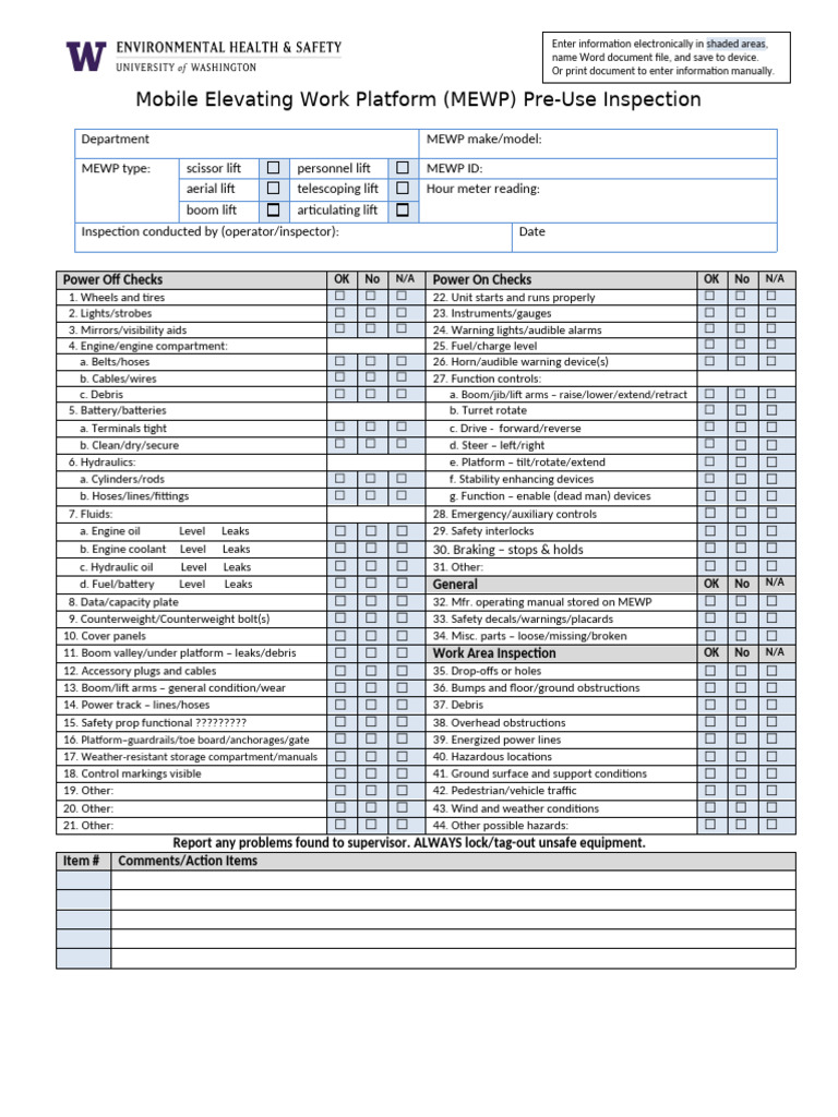 MEWP Pre-Use Inspection Checklist | PDF | Vehicles | Vehicle Technology