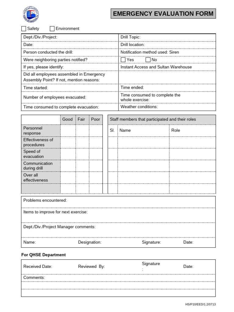 Emergency Evaluation Form Template | PDF