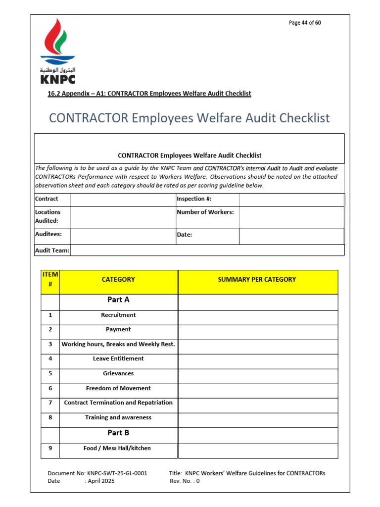 Welfare Audit Checklist Part A | PDF | Employment | Overtime