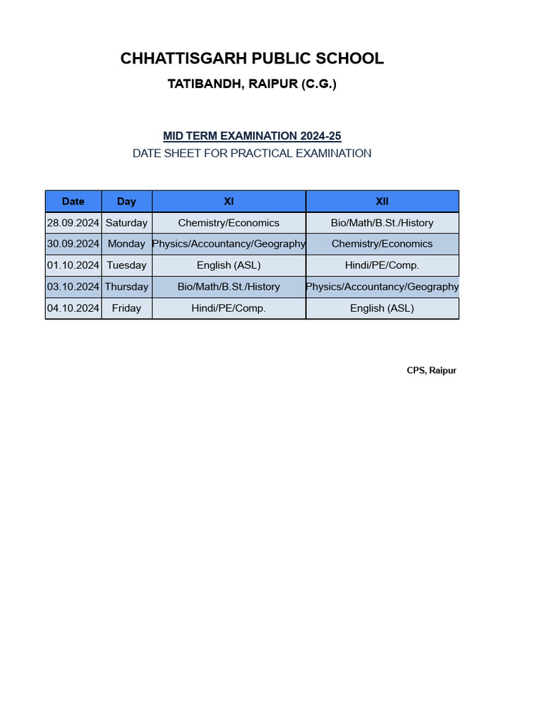 Reschedule Date Sheet For Practical Mid Term Examination 2024-25 | PDF