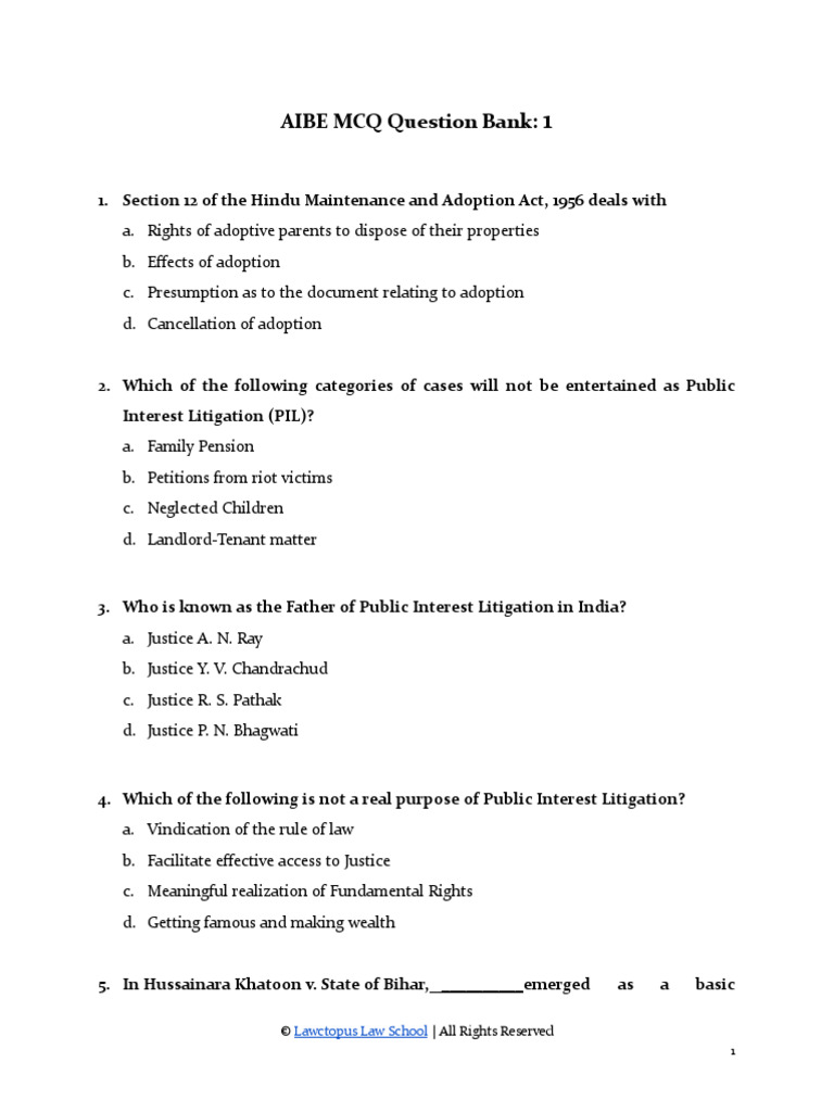 AIBE MCQ Question Bank Overview | PDF | Public Law | Judiciaries