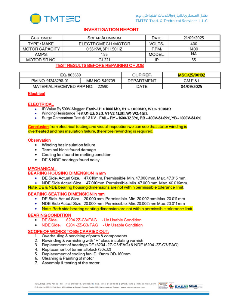 Investigation Report - Mso-25-00192 Electric Motor 0.55 - PRP - 22590 ...