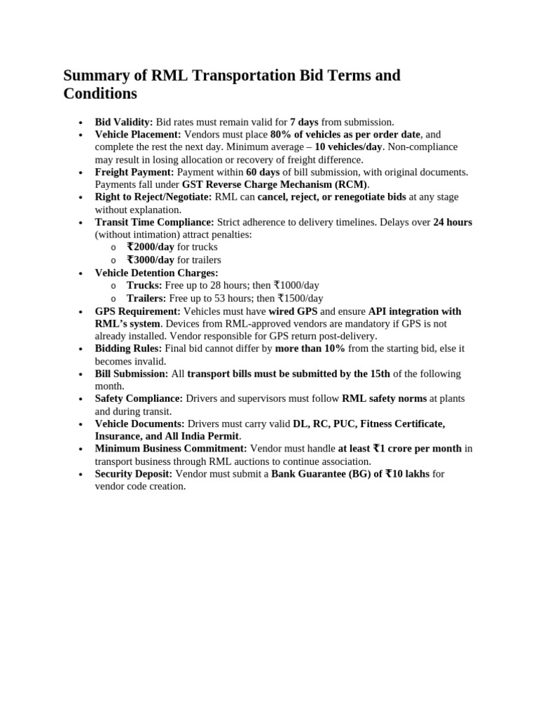 RML Transportation Bid Terms Summary | PDF