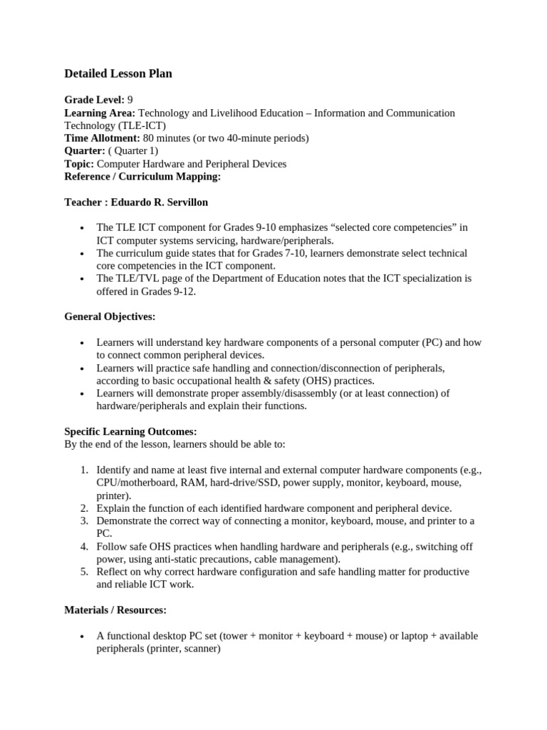 Computer Hardware Lesson Plan for Grade 9 | PDF | Computer Hardware ...