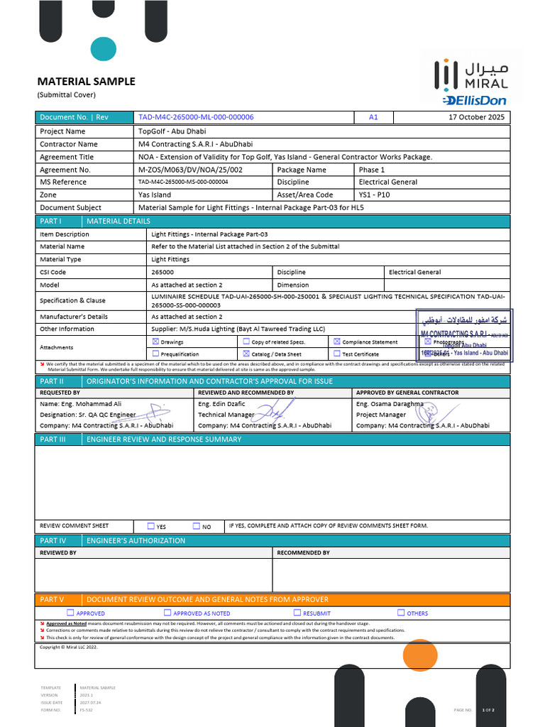 TAD-M4C-265000-ML-000-000006(A1) TGAD - Material Sample for Light Fittings - Internal Package ...