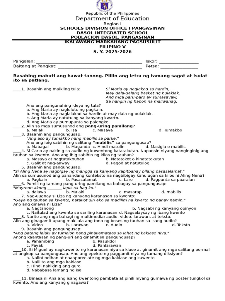 q2 P - Test Filipino V | PDF