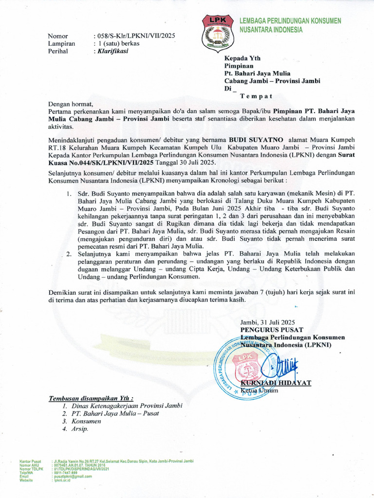 Surat Budi Suyatno K PT. Bahari Jaya Mulia | PDF