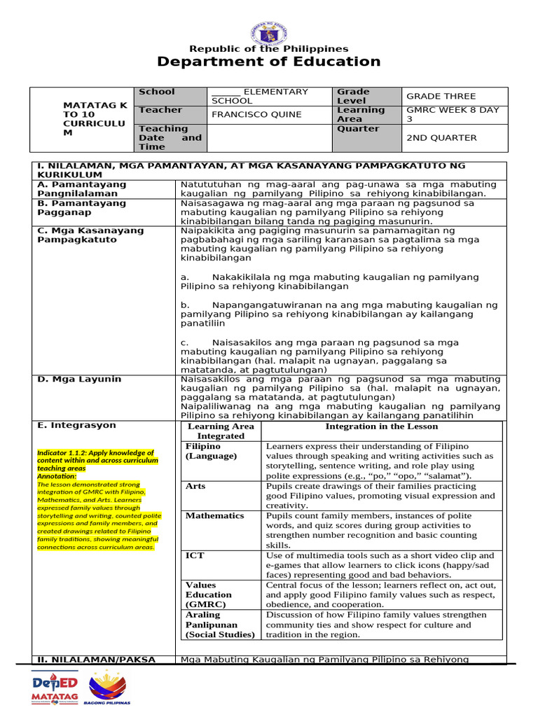 Lesson Plan Matatag With Indicators and Annotations | PDF