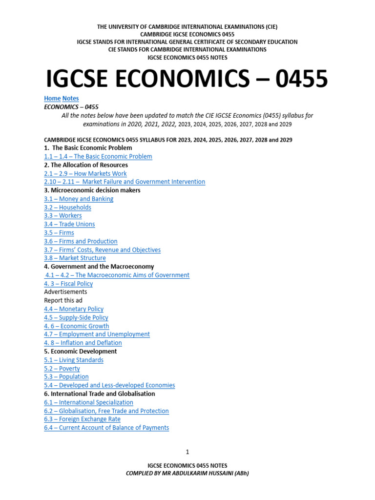 Igcse Economics 0455 Notes in Lfis | PDF | Macroeconomics | Economic ...