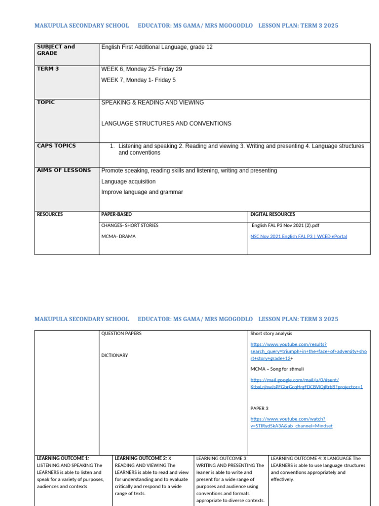 Grade 12 English Lesson Plan 2025 | PDF | Reading Comprehension ...