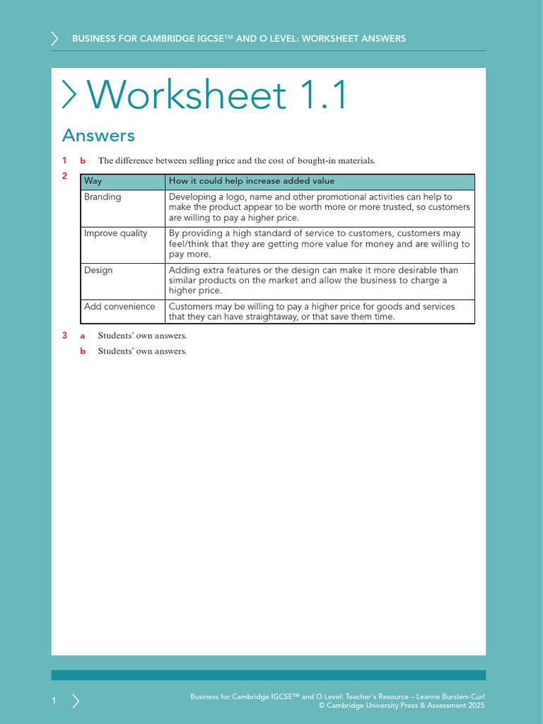 Cambridge IGCSE Business Worksheet Answers | PDF | Interest | Employment