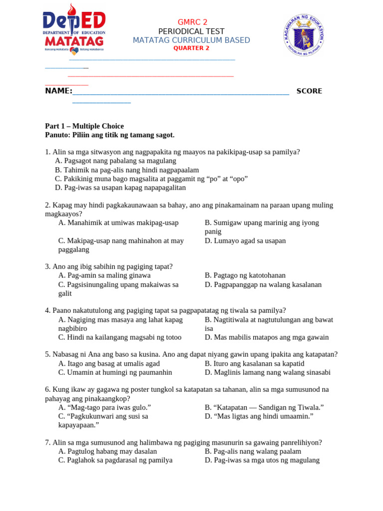 DTC PT GMRC 2 q2 Matatag With Tos Key | PDF