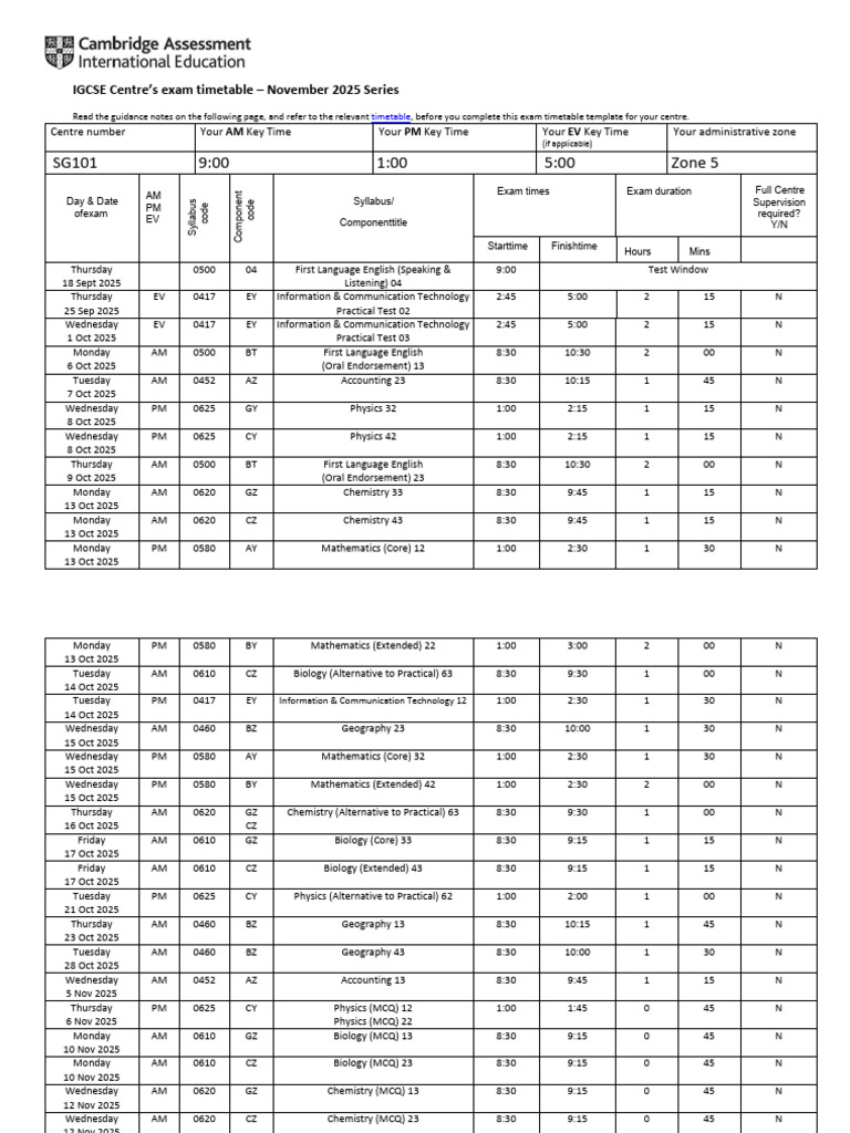 Year 10 Exam Timetable (Igcse November 2025) | PDF | Schools | Tests