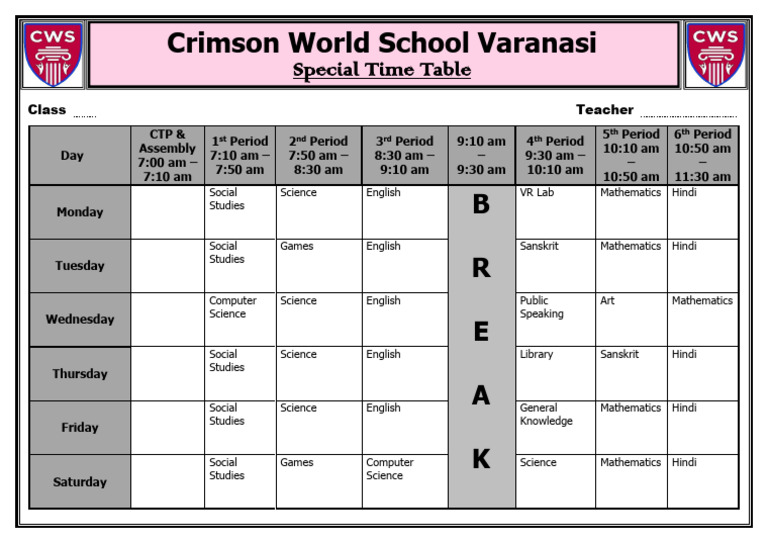 Special Time Table (Class-V-A) | PDF