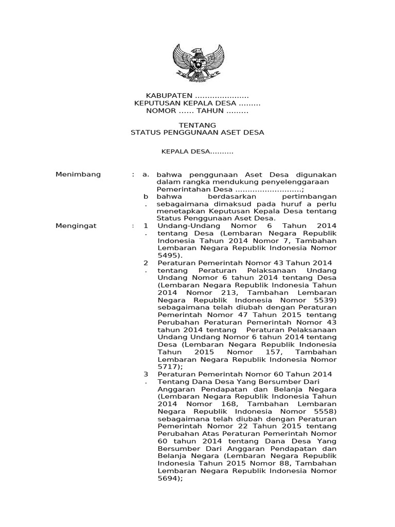 SK Kepala Desa Tentang Penetapan Status Penggunaan Aset Desa | PDF