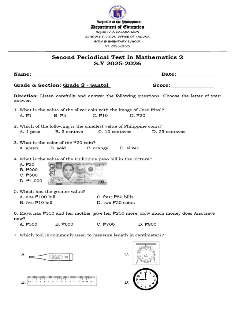 Grade 2 Math Second Periodical Test | PDF | Subtraction | Currency