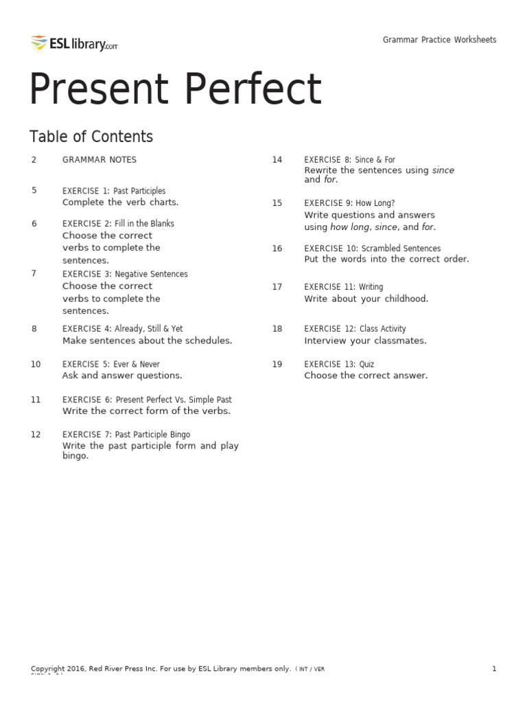 Present Perfect Grammar Worksheets | PDF | Verb | Grammatical Tense