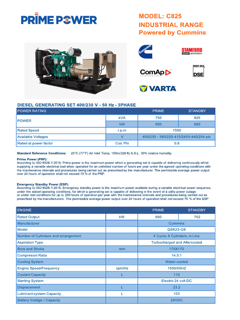 c825 Qsk23-g8 50hz Cummins Generator Stamford | PDF