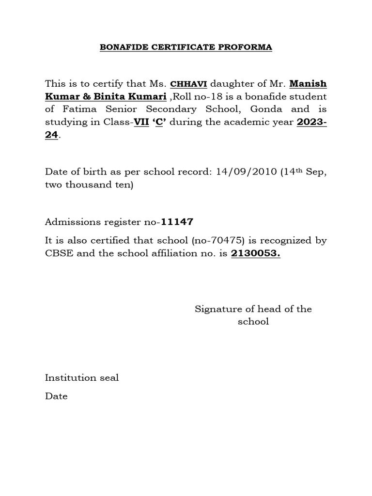 Bonafide Certificate 23-24 | PDF