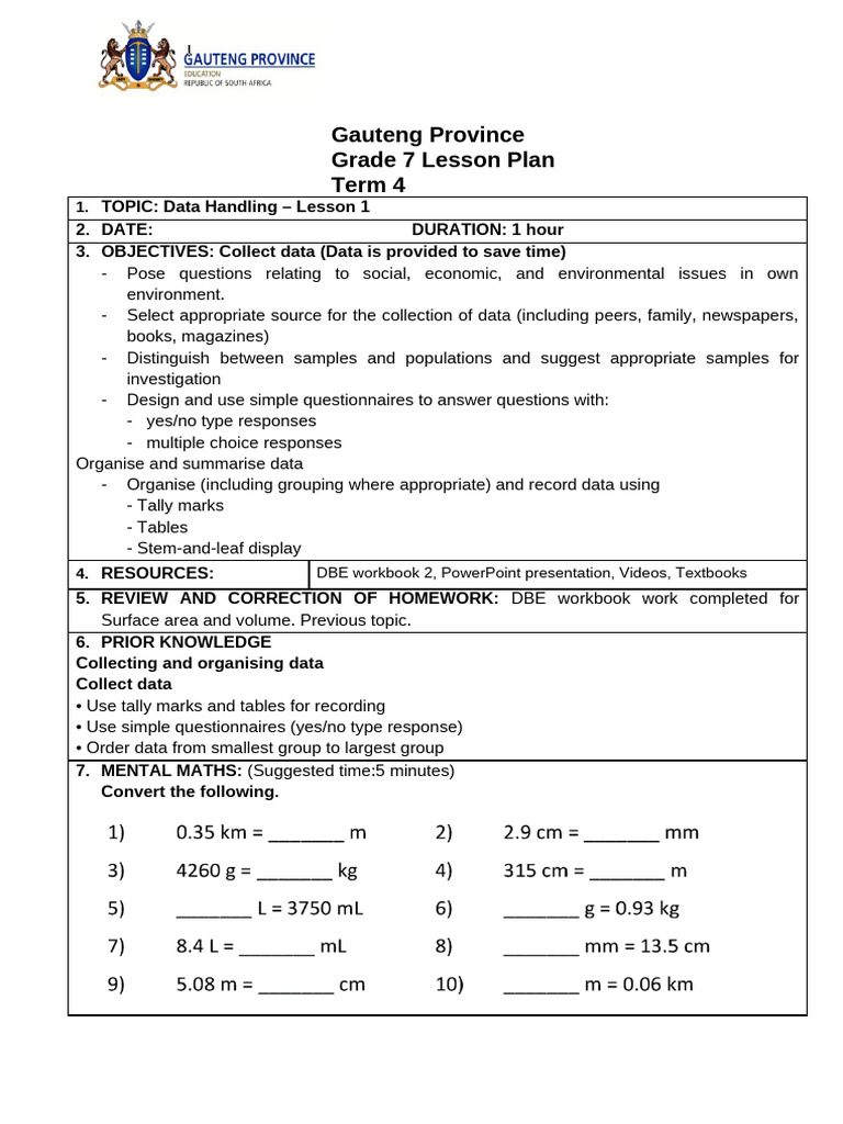 Grade 7 T4 Lesson Plans Data Handling - All Lessons | PDF | Mean | Mode (Statistics)