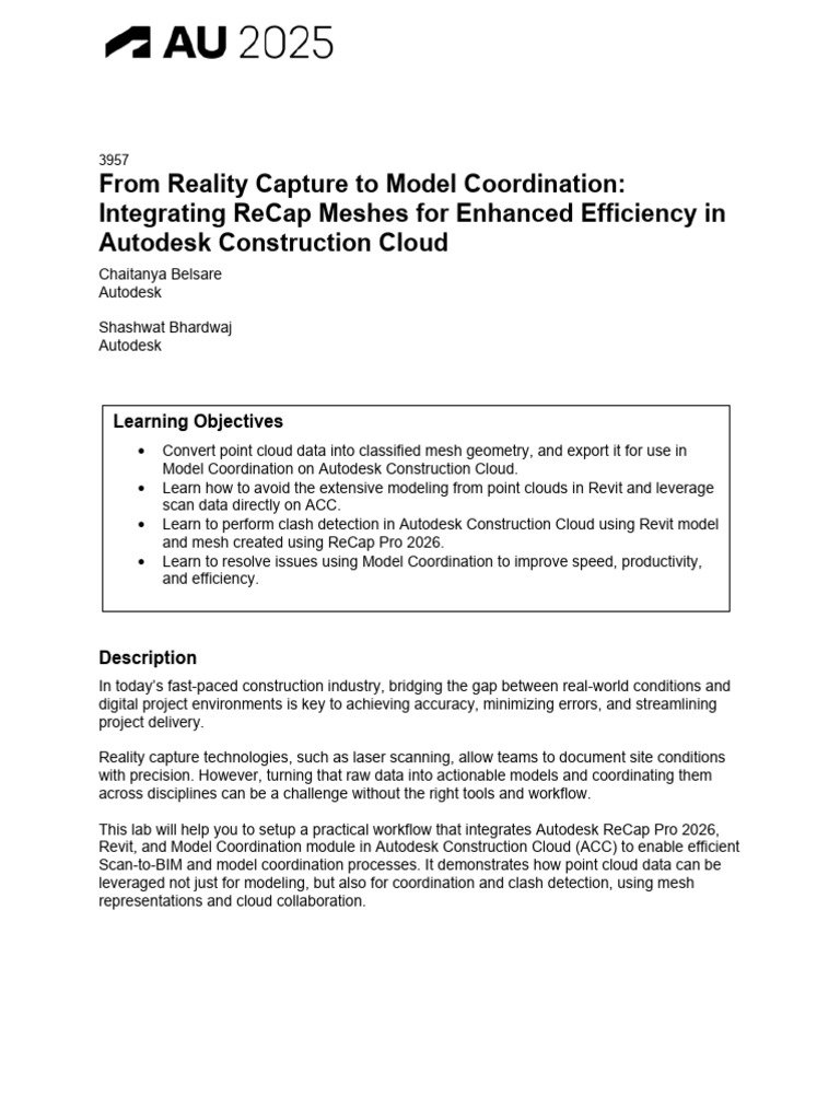AU2025 Class Handout Lab 3957 | PDF | Autodesk Revit | Lidar
