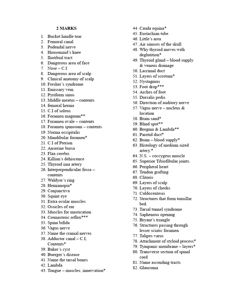 Anatomy - II 2 Mark (DR - nithIKA) | PDF | Vein | Neck