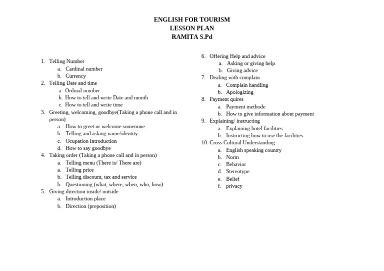 English for Tourism: Lesson Plan Guide | PDF