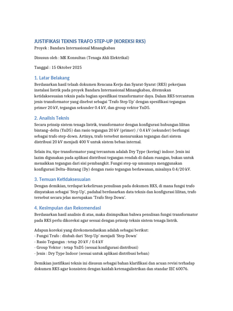 Justifikasi Teknis Trafo StepUp Bandara Minangkabau | PDF