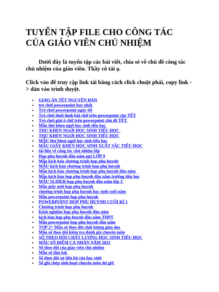 Tuyển Tập File Cho Công Tác Của Giáo Viên Chủ Nhiệm | PDF