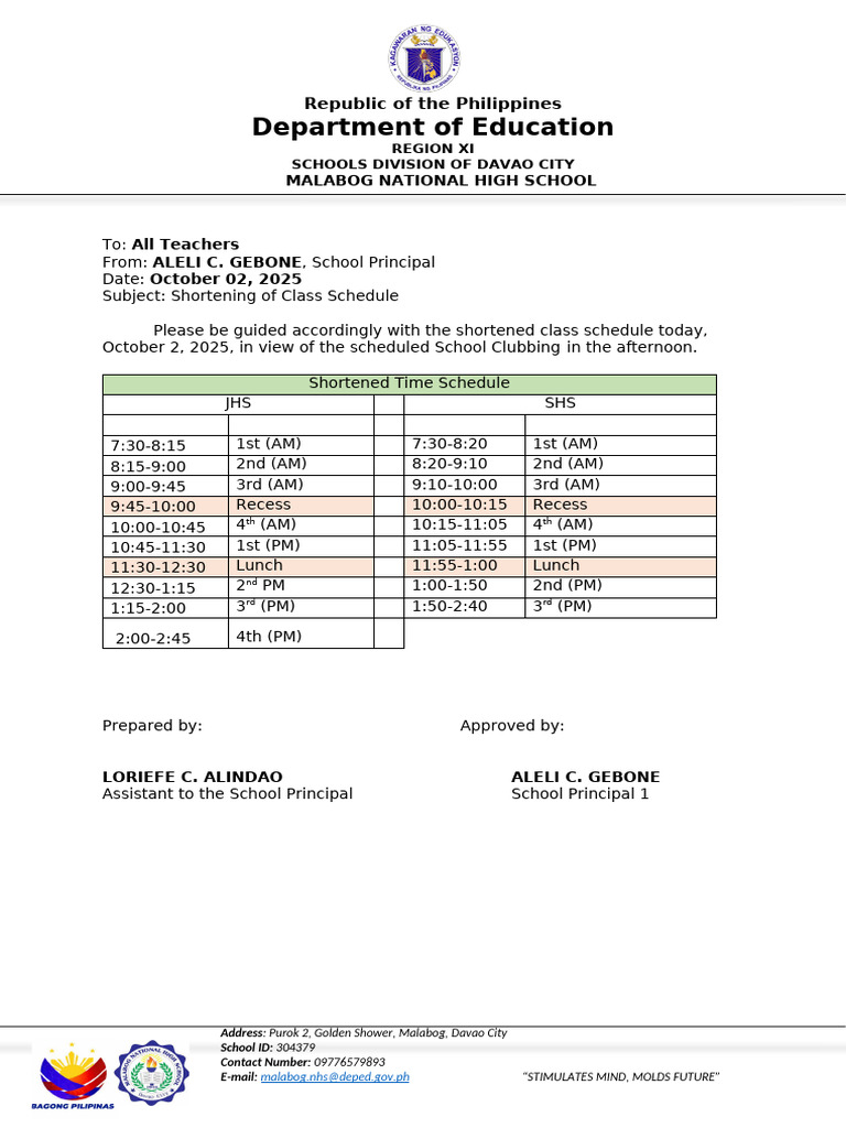 Shortened Class Schedule Notification | PDF