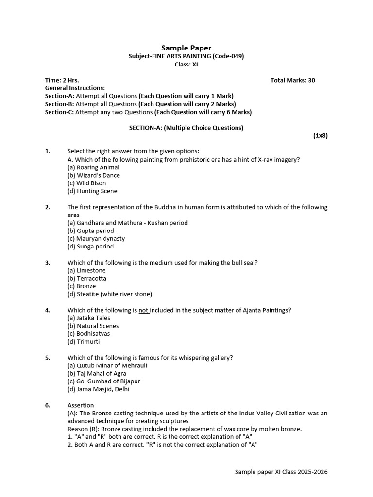 XI Class Fine Arts Sample Paper 2025-26 | PDF | Sculpture | The Arts