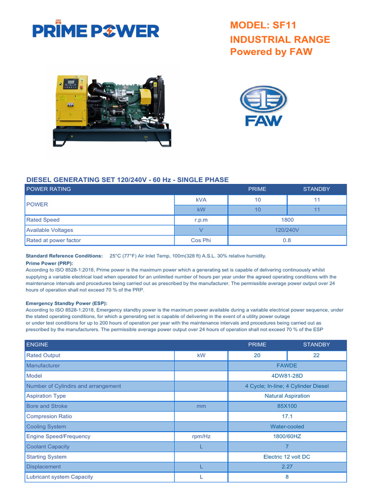 FAW Diesel Generator SF11 Specs | PDF | Engines | Electromagnetism