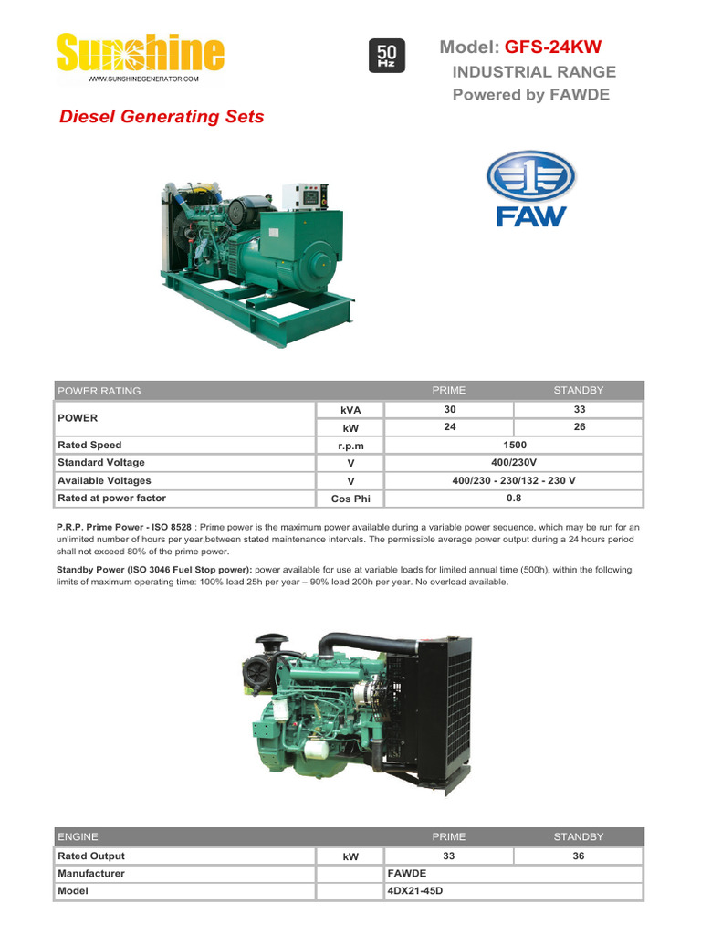 FAWDE GFS-24KW Diesel Generator Specs | PDF | Diesel Engine | Engines