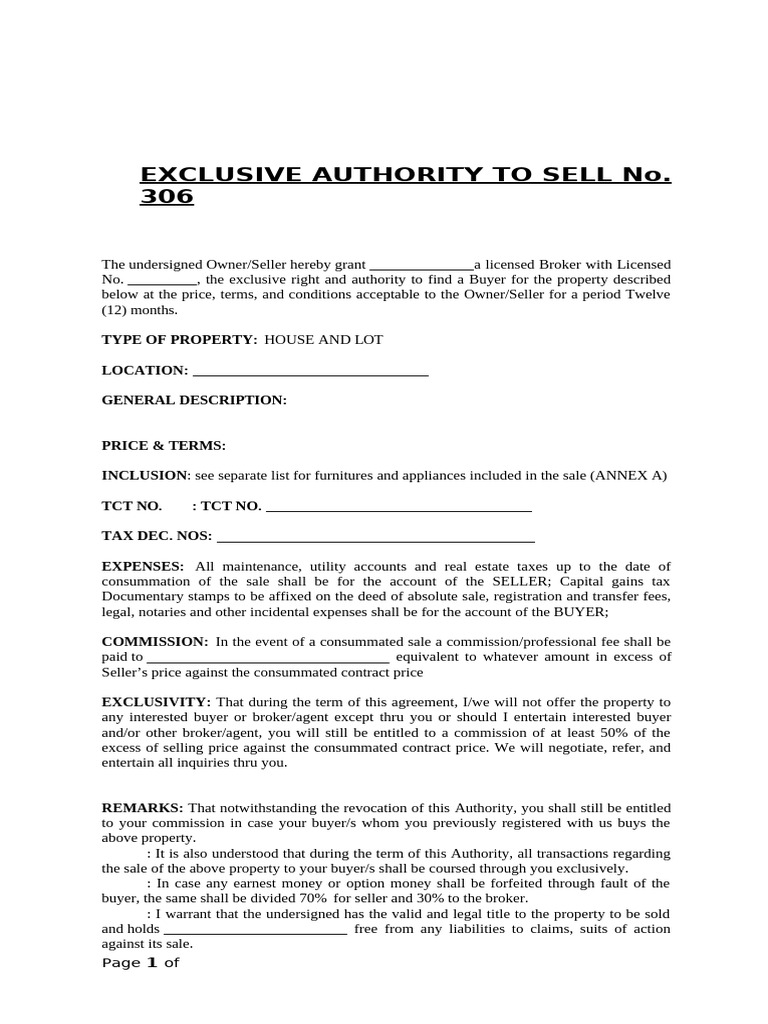 Exclusive Authority to Sell Property | PDF | Sales | Private Law