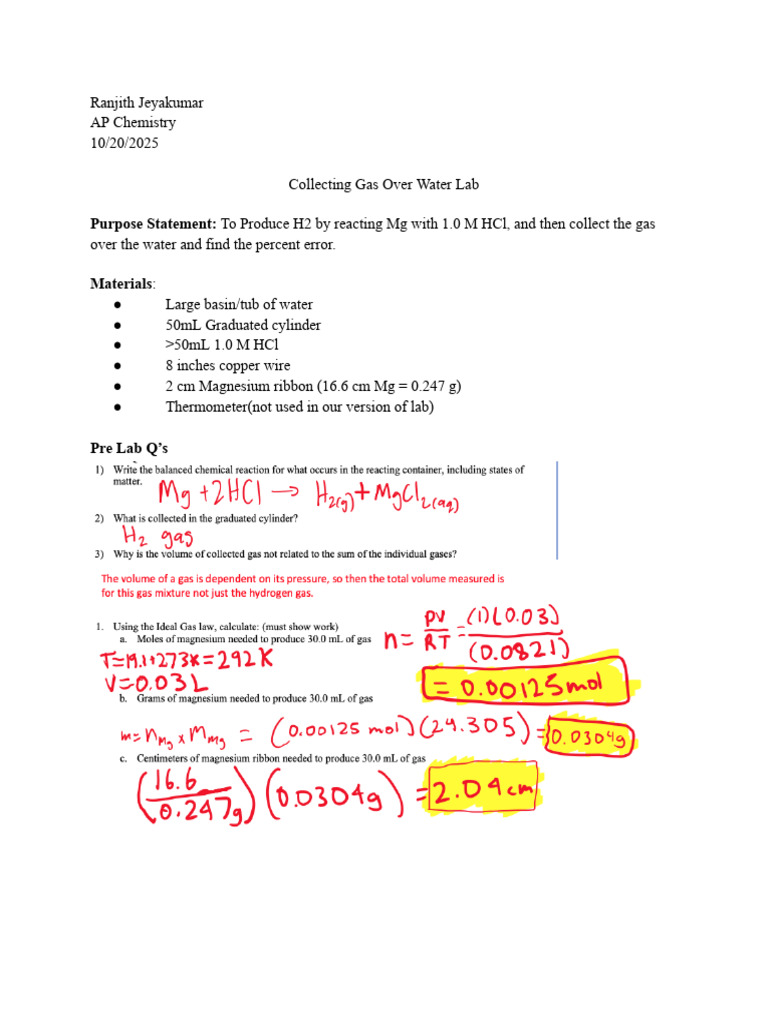 Collecting Hydrogen Gas Over Water | PDF | Gases | Water