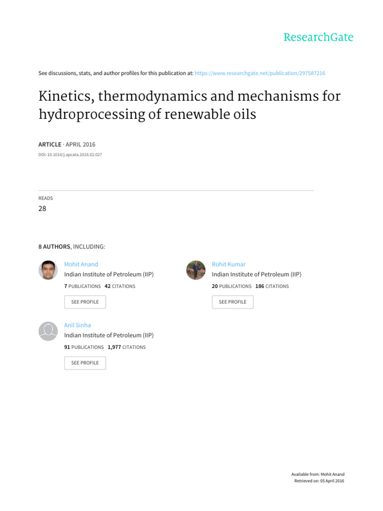 Kinetics, Thermodynamics and Mechanisms For Hydroprocessing of ...