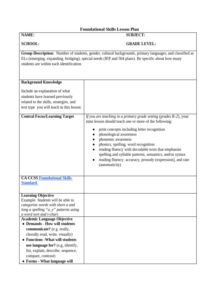 Draft 2 Foundational Skills Minilesson Template | PDF | Lesson Plan ...