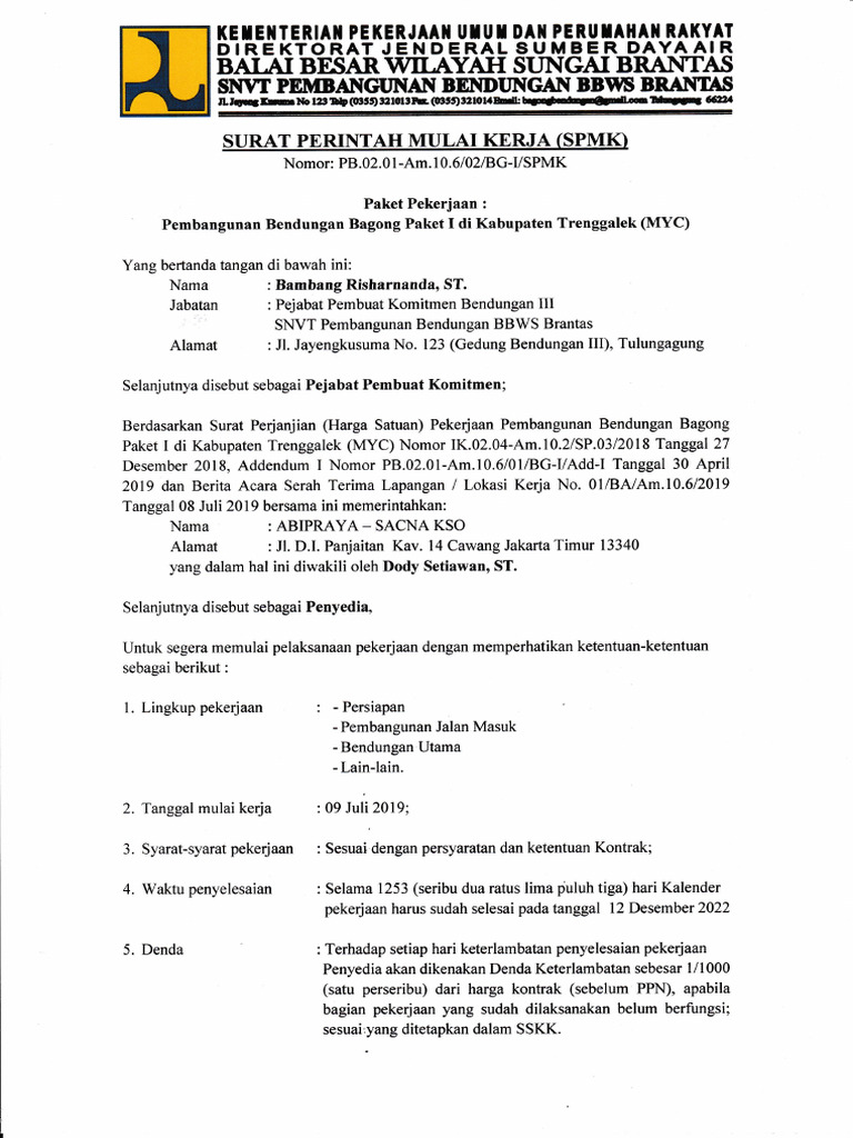 Surat Perintah Mulai Kerja (SPMK) Paket I (12 Des) | PDF