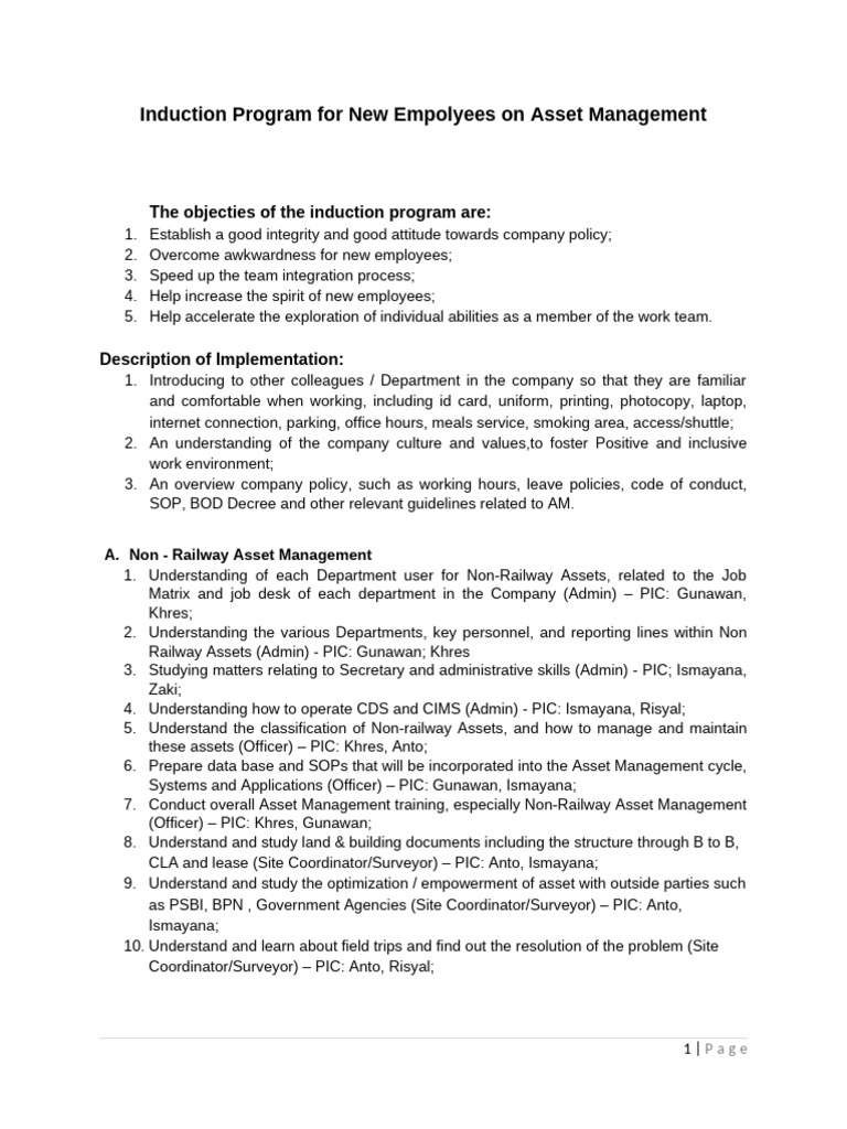 Induction Program For New Empolyees On Asset Management Updated | PDF